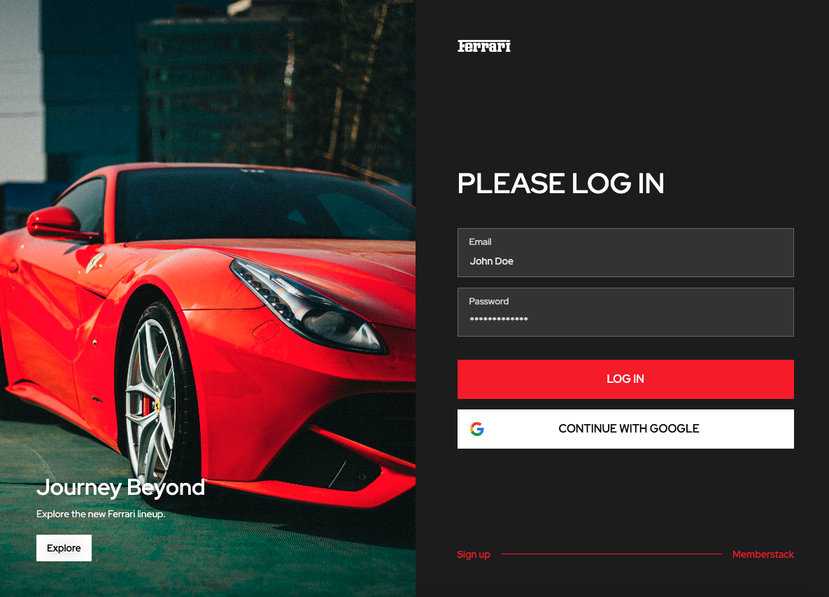 Ferrari Log In Screen | Free Webflow Component